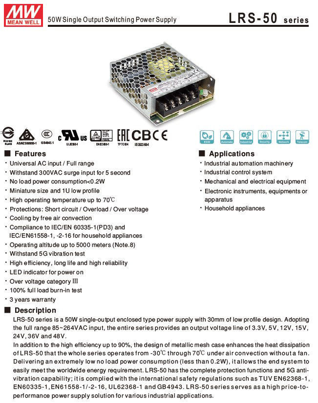 Napajanje Mean Well LRS-50-5 50W 5V. Mehatron.rs - Komponente za CNC i automatizaciju