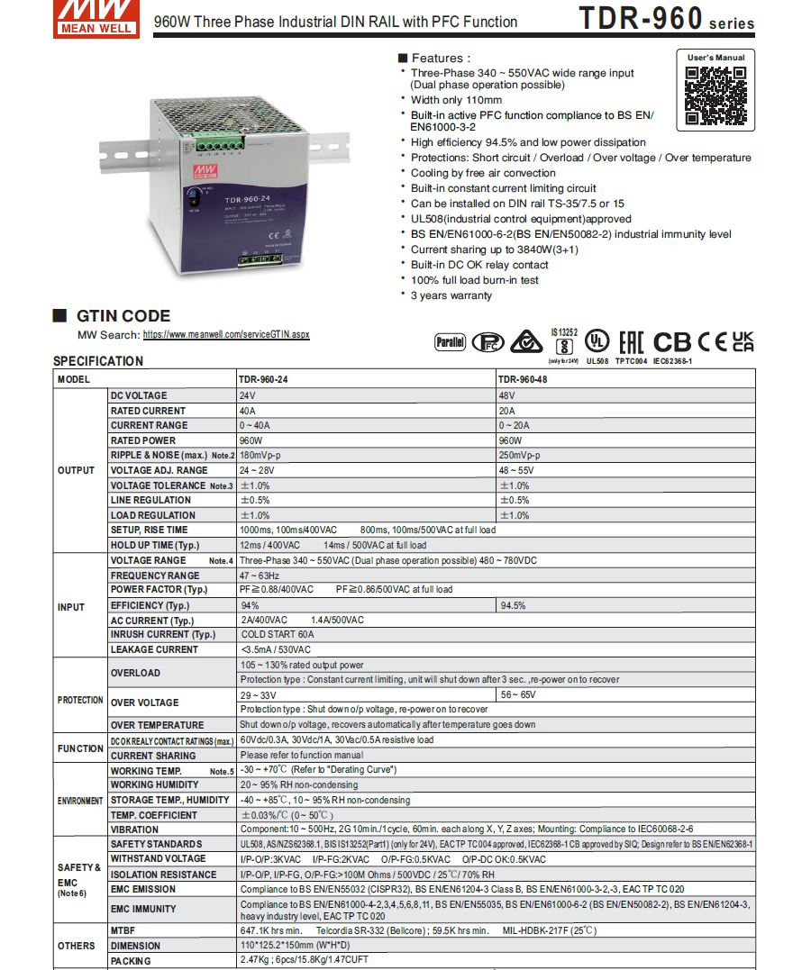 Napajanje Mean Well TDR-960-48 960W 48V. Mehatron.rs - Komponente za ...